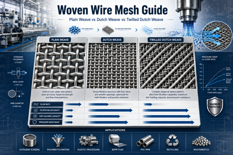 Woven Wire Mesh Types-Plain, Dutch, Twilled Weave for Extruder Screens
